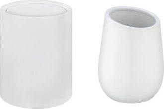 WENKO Schwingdeckeleimer Atri, 6 Liter Kosmetikeimer & Zahnputzbecher Badi, wei&szlig;er Zahnbecher aus hochwertiger Keramik mit Matter Oberfl&auml;che