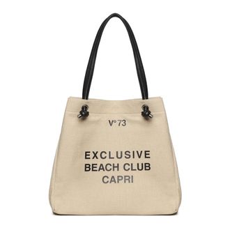 V° 73 Femme, Sacs, Beige, Taille: ONE Size Sac de magasinage en toile avec impression frontale