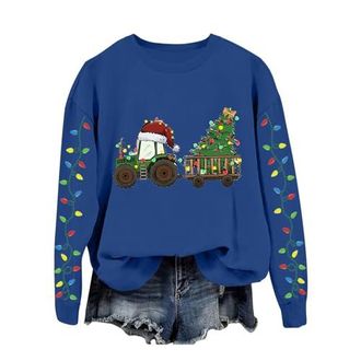Generic Sweat-shirt de No&euml;l pour femme avec imprim&eacute; sapin de No&euml;l et col rond - Cardigan tendance &agrave; manches longues, bleu, XXL