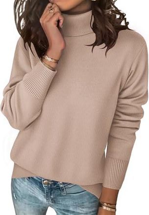 Zeagoo Pull à col roulé élégant pour femme - Pull en tricot à manches longues - Décontracté - Col roulé - Tricoté - Pour lautomne et lhiver, kaki, L