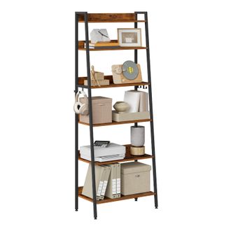 Woltu Regal, Leiterregal mit 6 Ebenen, Standregal mit 4 Haken, Metallrahmen, Bücherregal Industrie Stil für Wohnzimmer Badezimmer Küche, 64x187,5x36 cm Vint