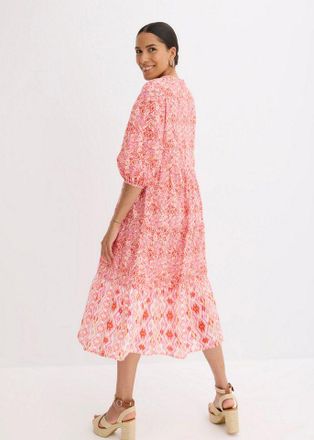 Bonprix Midikleid aus Baumwolle, taillierte Passform, mit 3/4-&Auml;rmeln, ohne Kragen