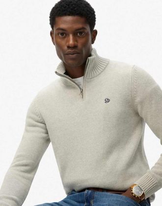 Superdry Strickpullover aus Baumwolle in Grau meliert mit kurzem Rei&szlig;verschluss