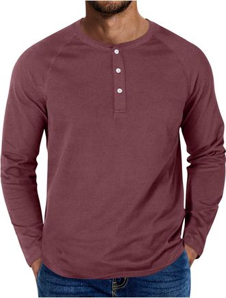 ORANDESIGNE Herren Langarm Henley-Shirt Basic Longsleeve Shirts mit Knopfleiste 2025 A Weinrot L