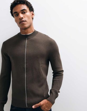 Mango gilet en maille zipp&eacute; marron-Vert