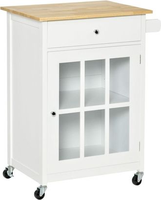 HOMCOM Desserte de cuisine &agrave; roulettes multi-rangement - placard porte vitr&eacute;e avec &eacute;tag&egrave;re r&eacute;glable, tiroir, porte-torchon - blanc aspect ch&ecirc;ne clair