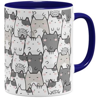 OM3 s&uuml;&szlig;e Kaffeetasse mit Katzen Cat Tasse mit Katzenmotiv Kawaii Katze | Keramik Becher | 11oz 325ml | Rundumdruck | Dunkelblau