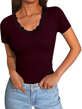 Generic T-shirt ajust&eacute; &agrave; manches courtes et col en V avec bordure en dentelle pour femme | T-shirt doux et extensible pour un usage quotidien en &eacute;t&eacute;, bordeaux