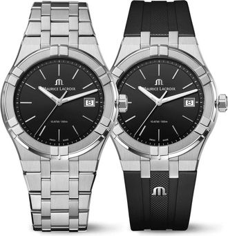 Maurice Lacroix Aikon Quartz Date 40mm, Schwarz, inklusive Ersatzarmband, Kautschuk und Edelstahl Herrenuhr AI1108-SS00F-330-A