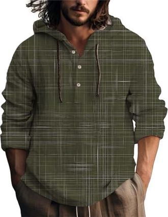Generic Chemise en lin pour homme - Coton et lin - Sweat &agrave; capuche surdimensionn&eacute; - Haut d&eacute;t&eacute; &agrave; manches longues - Avec capuche - Boutonni&egrave;re - Couleur unie - 