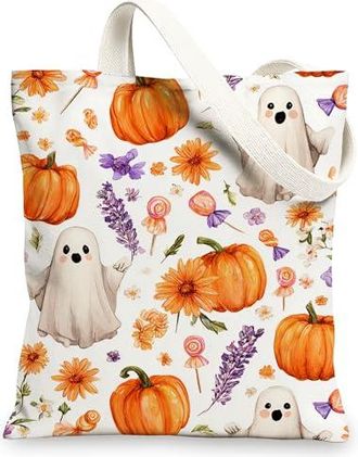 Generic Sacs fourre-tout en toile pour Halloween, motif fantômes mignons et citrouilles, réutilisables, légers et lavables avec bandoulière pour salle de spor