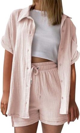 Generic Ensemble chemise et short pour femme - Ensemble 2 pi&egrave;ces pour femme - Tenue d&eacute;t&eacute; d&eacute;contract&eacute;e - Surv&ecirc;tement pour femme - Costumes de loisirs - Ensembl