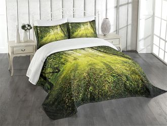 Abakuhaus Magisch Tagesdecke Set, Scenic Morgen in der Natur, Set mit Kissenbez&uuml;gen Kein verblassen, f&uuml;r Doppelbetten 220 x 220 cm, Gr&uuml;n