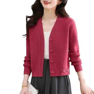 Generic Pull court &agrave; col en V pour femme - Cardigan de printemps en tricot - Petit manteau, rose, Taille XL