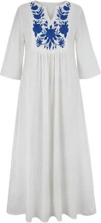 Generic Robe ample en coton et lin pour femme - Manches 3/4 - Taille haute - Robe ample brodée, blanc, XL