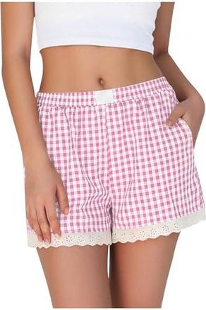 Generic Short de pyjama &agrave; carreaux avec bordure en dentelle pour femme - Pantalon de pyjama vichy d&eacute;contract&eacute; d&eacute;t&eacute; Y2K - Taille &eacute;lastique - Boxer court doux e