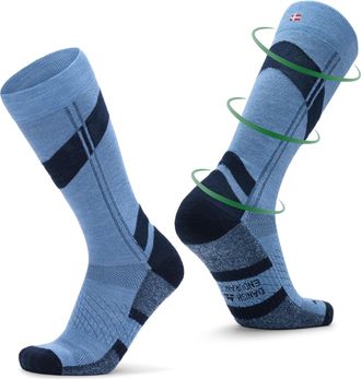 Danish Endurance Merino Kompression Skisocken, 18-23 mmHg, Mit Schienbein-Polsterung, Unisex, 1 Paar, Damen & Herren Blau/Marineblau 39-42
