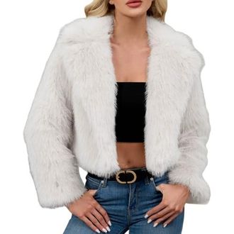 Generic Veste courte en fausse fourrure pour femme, cardigan court &eacute;l&eacute;gant &agrave; manches longues ouvert sur le devant, revers de couleur unie, manteau d&eacute;contract&eacute;