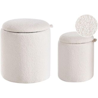 Beliani Lot de 2 Poufs avec Rangement en Boucl&eacute; Repose-Pieds Ronds Rembourr&eacute; Blanc Cass&eacute; Berea