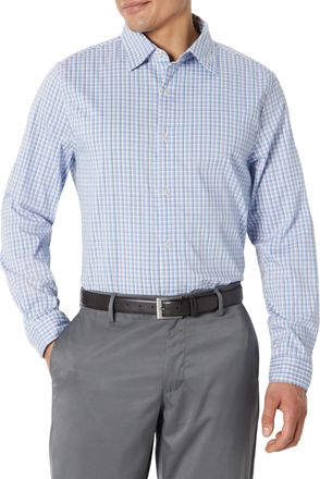 Amazon Essentials Herren Langärmliges, knitterfreies Slim-Fit-Stretch-Anzughemd, Weiß Kariert Netz, L