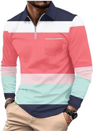 Generic Polo &agrave; manches longues pour homme Patchwork Revers T-shirt d&eacute;contract&eacute; Chemises de vacances Tops, Rose, XXL