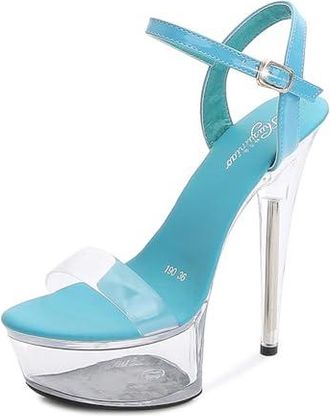 Generic Bleu,35 EU,Sandales à Talons Aiguilles Transparents pour Femmes, Bout Ouvert, Plateforme, avec Bride à la Cheville, Boucle, Cristal, Chaussures de soi