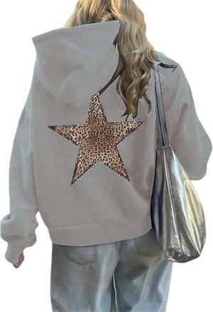 ORANDESIGNE Sweat à Capuche Étoile Léopard Guépard pour Femme Imprimé Graphique Polaire Y2K Streetwear Harajuku Hoodie A Gris XS