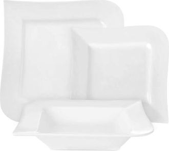 Ambition Tafelservice 6 Personen Porzellan weiss Welle 18-teilig Sp&uuml;lmaschine & Mikrowelle Teller Set geschwungen