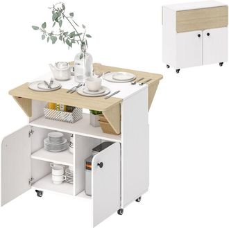 HOMCOM Table &agrave; manger pliante - HOMCOM - sur roulettes - 4 personnes - 2 abattants, &eacute;tag&egrave;re, placard - bois - 70x83x75cm - blanc