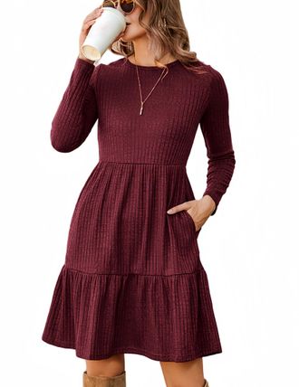 Zeagoo Kleid Herbst Damen Elegant Langarm A Linie Kleider Rundhals Knielang Herbstkleid Einfarbig Dünn Pulloverkleid mit Taschen Weinrot XXL