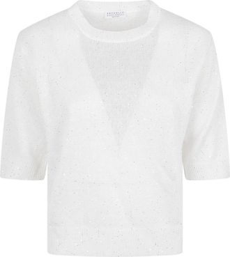 Brunello Cucinelli Femme, Pulls, Blanc, Taille: 42 FR Dazzling Cotton Sweater