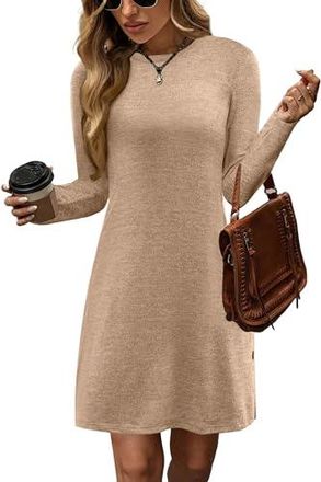Zeagoo Robe Pull Femme Tricot&eacute;e Col Rond Basique Automne Hiver Robe Tunique D&eacute;contract&eacute;e avec Manches Longues Marron Clair XL