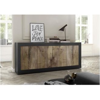 Calicosy Calicosy - Buffet 4 portes noir mat d&eacute;cor ch&ecirc;ne - Dimensions L207 x H86 x P43 cm - Style vintage pour int&eacute;rieur moderne