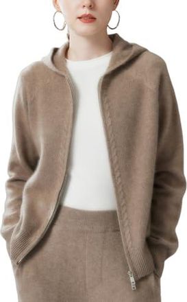 Dissa Gilet Cachemire Femme Capuche Uni Gilet Tricot&eacute; en Vrac Manches Longues &eacute;pais Cardigan en Cachemire et Laine,Marron,EU 38,MS511