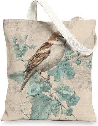Generic Sacs fourre-tout artistiques en toile à motif vintage doiseaux et de fleurs, sacs dépicerie réutilisables, légers et lavables avec bandoulière pour le