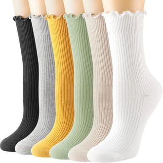 Dreshow 6 Paires Chaussettes &agrave; Volant Femme en Coton Tricot - Cheville D&eacute;contract&eacute;es Laitue Respirantes