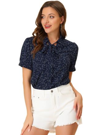 Allegra K Damen Polka Dots Oberteil Kurzarm Bubikragen Krawatten Ausschnitt Chiffon Punkte Top Bluse Blau M