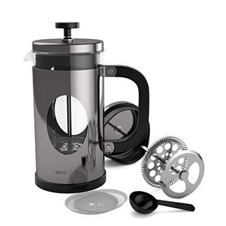bonVIVO GAZETARO I - Cafetière à Piston INOX, Cafetière Piston, French Press en INOX et Verre, Finition argentée, avec filtres, Cuillère doseuse Incluse - Tai