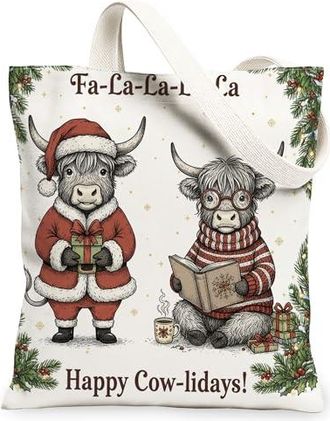 Generic Sacs fourre-tout en toile de vache de No&euml;l, sacs d&eacute;picerie r&eacute;utilisables, sacs d&eacute;picerie vintage, l&eacute;gers et lavables pour les voyages, blanc, 13x15 In