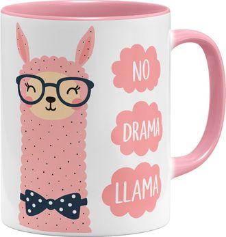 OM3 witzige No Drama Llama Kaffee-Tasse mit Spruch - Statement Alpaka s&uuml;&szlig;es Motiv - Keramik Becher - 325ml - Beidseitig Bedruckt - Rosa