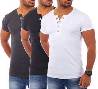 Young & Rich T-Shirt Herren basic fein gerippt mit trendigen extra gro&szlig;en Kn&ouml;pfen 1872 mit Knopfleiste unifarben kurzarm slim fit