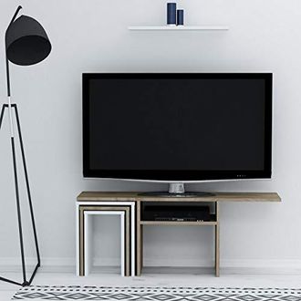 Homemania PRCB01 TV-Schrank Peri mit Couchtisch, Türen, Regale für Wohnzimmer, Weiß, Walnuss aus Holz, 120,6 x 29,5 x 49 cm