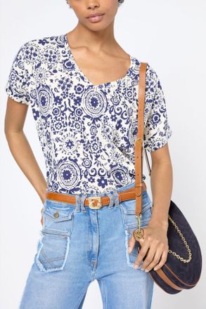 Gerard Darel T-shirt V imprim&eacute; en coton et lin - GRACIELLA - Ecru