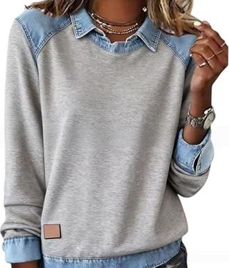 Generic Sweats en denim patchwork pour femme, col en denim, patchwork cousu, pull de No&euml;l d&eacute;contract&eacute;, gris, XXL