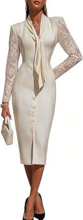 Generic Robe midi moulante &agrave; manches en dentelle et col nou&eacute; pour femme - &Eacute;l&eacute;gante boutonn&eacute;e - Pour le bureau et le cocktail, blanc, XXL