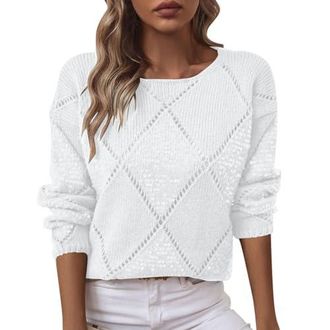 Generic Pull en crochet &agrave; col rond et manches longues pour femme Motif losanges, blanc, XXL