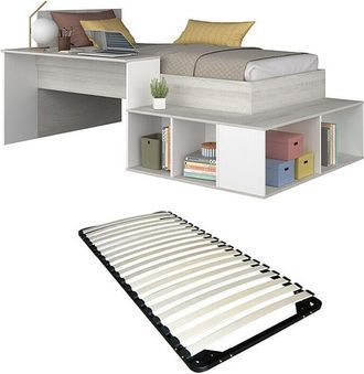 Vente-Unique Vente-unique - Lit combin&eacute; 90 x 200 cm avec rangements et bureau - Coloris : Naturel et blanc + Sommier - rigali