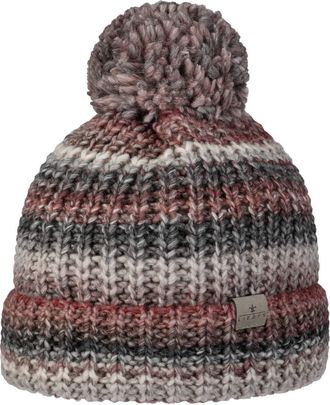 Lierys Finja Bommelm&uuml;tze Strickm&uuml;tze Damen Made in Germany Pudel-winterm&uuml;tze Schurwolle Beanie Herbst/Winter grau-rot One Size