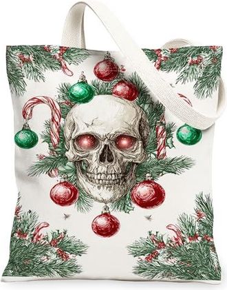 Generic Sacs fourre-tout en toile motif t&ecirc;te de mort de No&euml;l, sacs d&eacute;picerie r&eacute;utilisables, rustiques, l&eacute;gers, lavables en toile pour voyage, plage, pique-niq