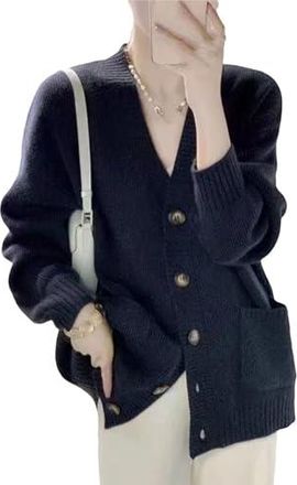 Generic Pull d&eacute;contract&eacute; dhiver &agrave; manches longues en tricot avec poche pour femme avec col en V, bleu marine, Taille XS